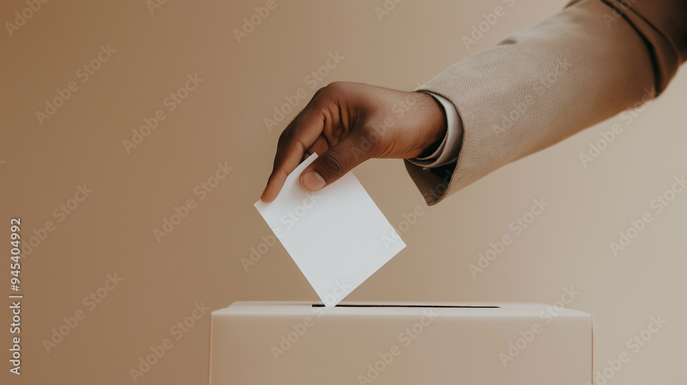 Hand placing a ballot into a box, set against a neutral beige ...