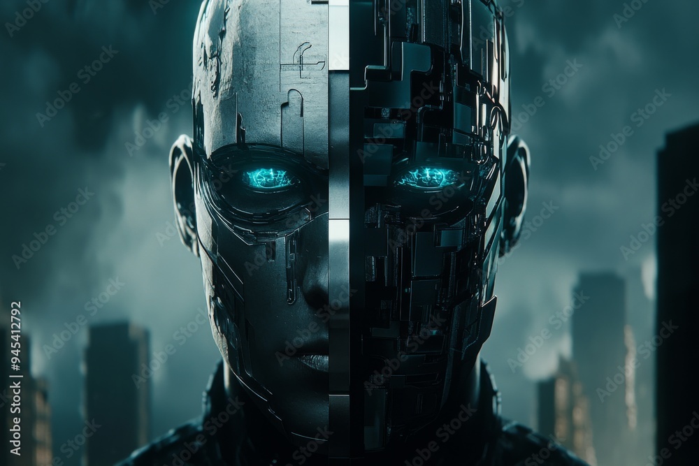 Half human half machine face with a puzzle pattern representing the ...