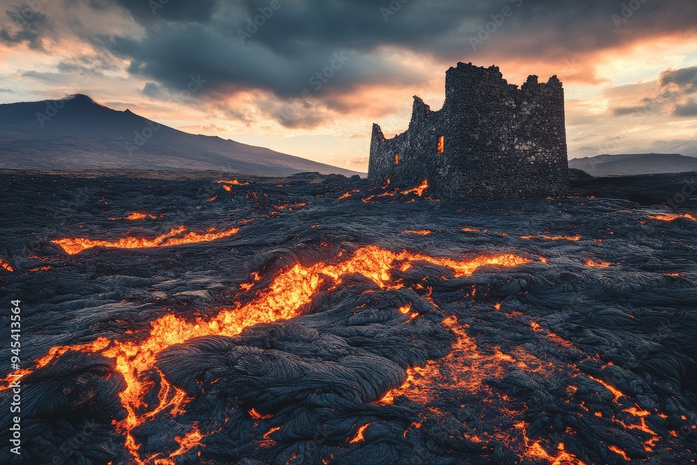 This dramatic image features the stark ruins of a castle standing ...