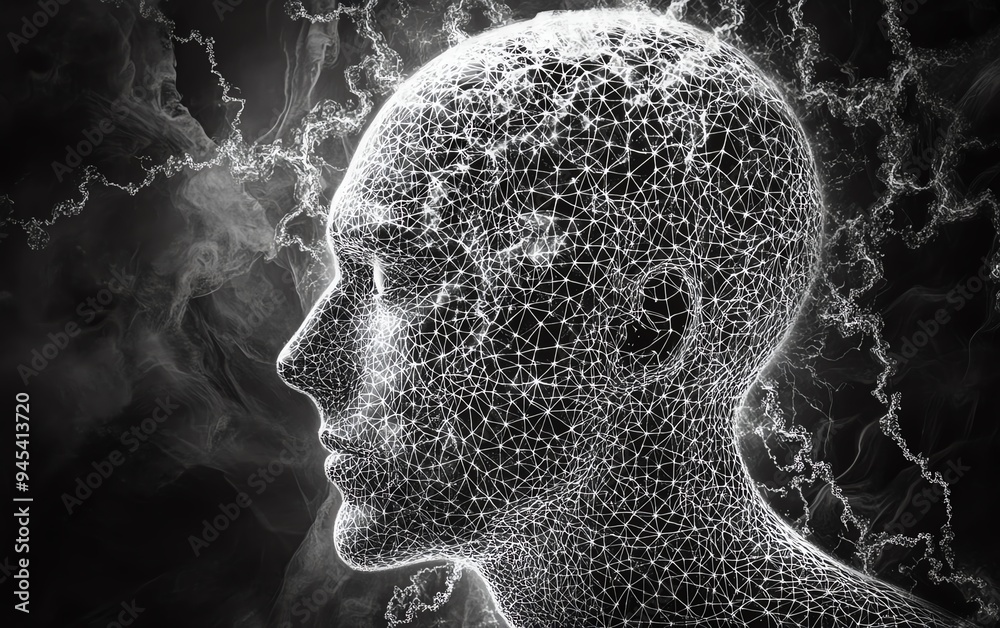 Monochrome portrayal of a human enveloped by a gridpattern ...