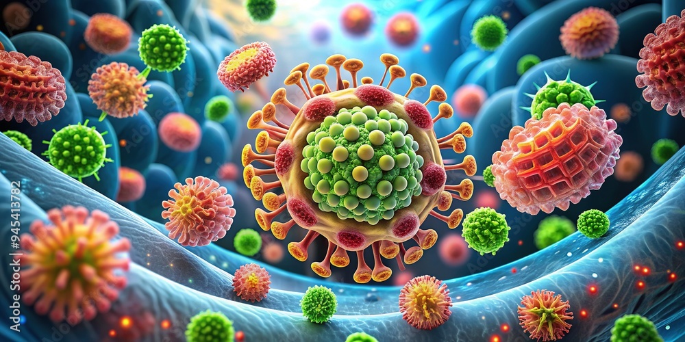 Microscopic illustration of intestinal cells under attack by viral ...