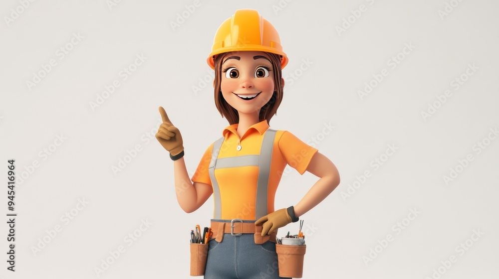 A smiling cartoon woman construction worker wearing a hard hat and tool ...