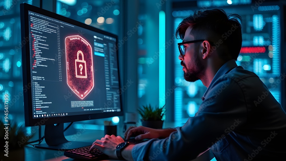 Cyber security concept. Man using computer with system hacked alert due ...