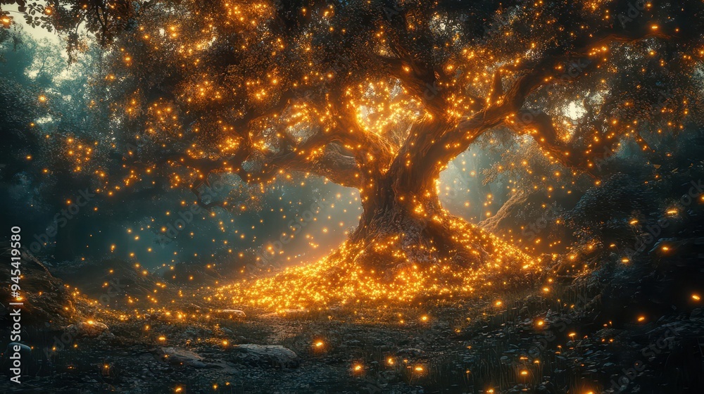 enchanted forest bathed in magical luminescence ancient trees with ...