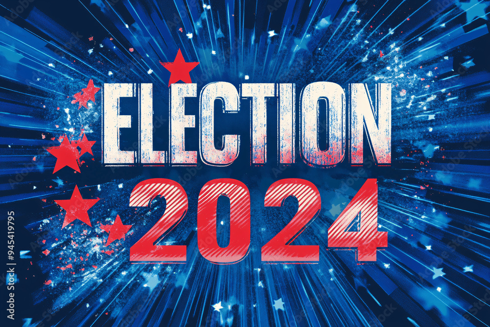 Election 2024 text in bold white and red surrounded by red stars ...