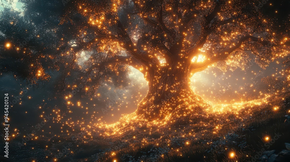 enchanted forest bathed in magical luminescence ancient trees with ...