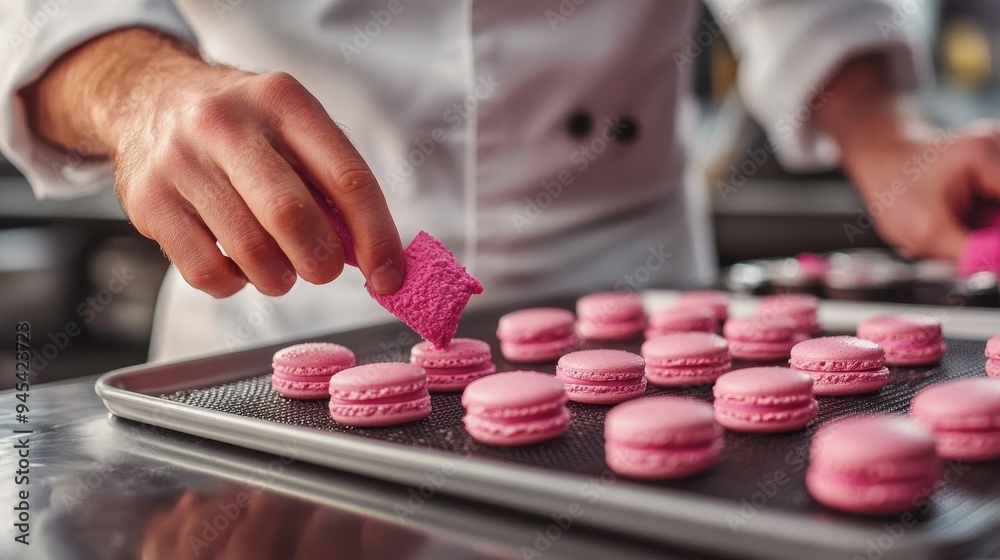 Chef Hand Pipe Macaroon Butter Onto Parchment Paper In Shape Of Circles