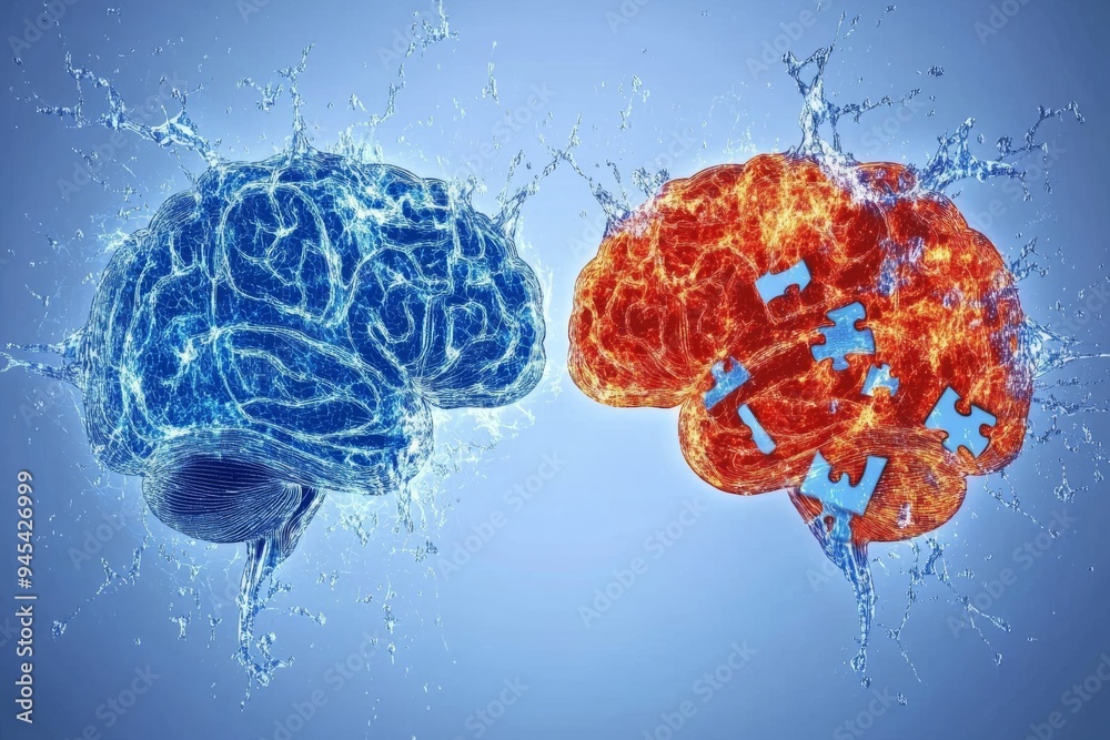 Digital Illustration of Two Human Brains with Opposite Color Schemes ...