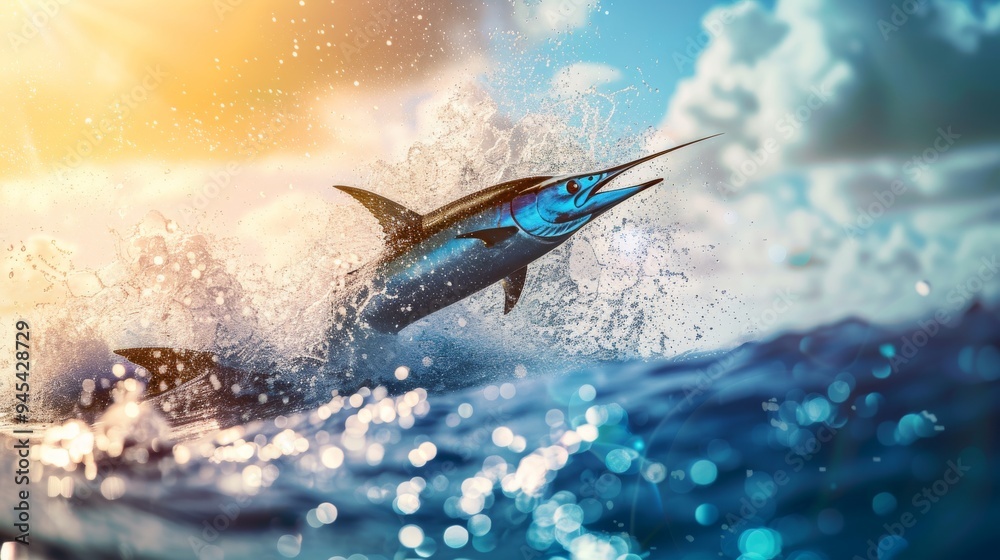 Dynamic image of a blue marlin jumping out of the water with splashes ...