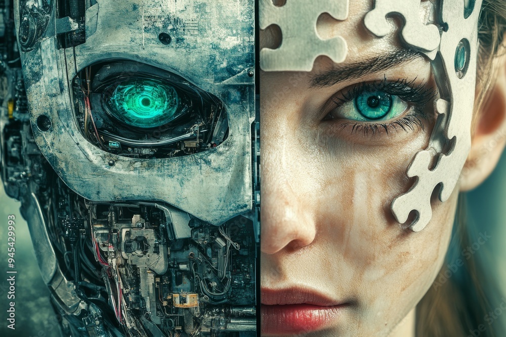 Half Human Half Robot Face with Green Eye Highlight Depicting the ...
