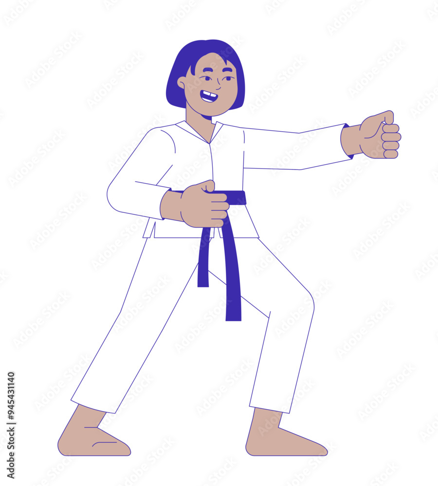 Martial arts kimono girl in combat stance 2D cartoon character. African ...