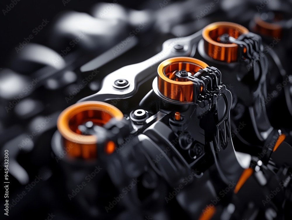 3d close up rendering of a v8 engine with orange cam wheel and black ...