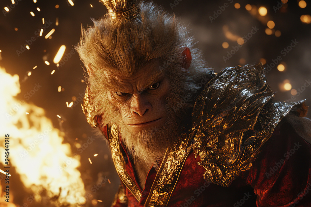 Black Myth, Sun Wukong, wearing exquisite armor with Chinese elements ...