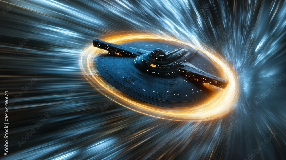 An advanced starship is shown traveling at light speed, emitting orange ...