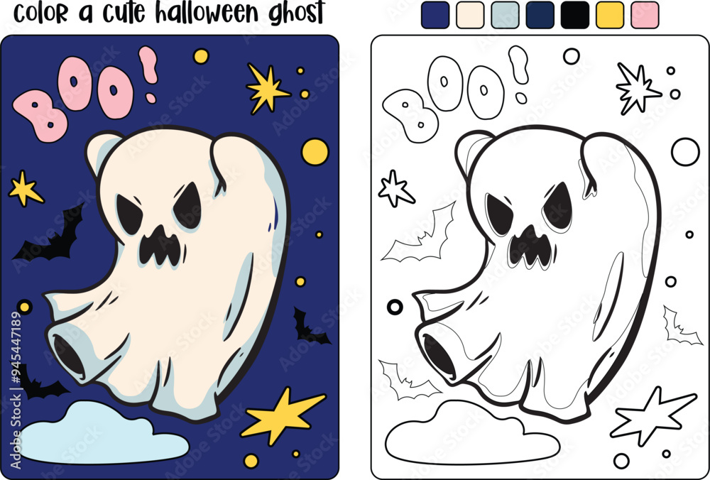 Halloween ghost coloring page for kids. Hand drawn autumn illustration ...