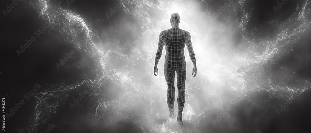 Black and white scene of a human surrounded by a gridpattern ...