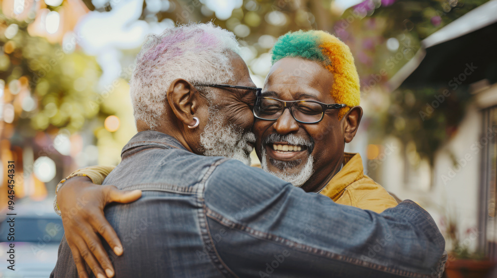 Two happy black men hug each other. A couple of old gay men are smiling ...