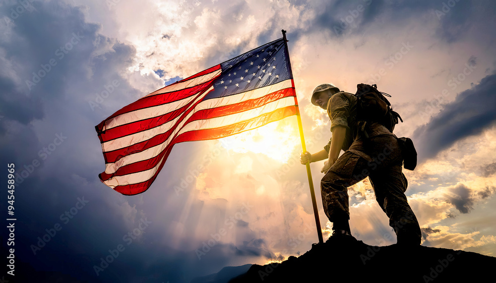 Silhouette of soldiers raising American flag, against dramatic stormy ...
