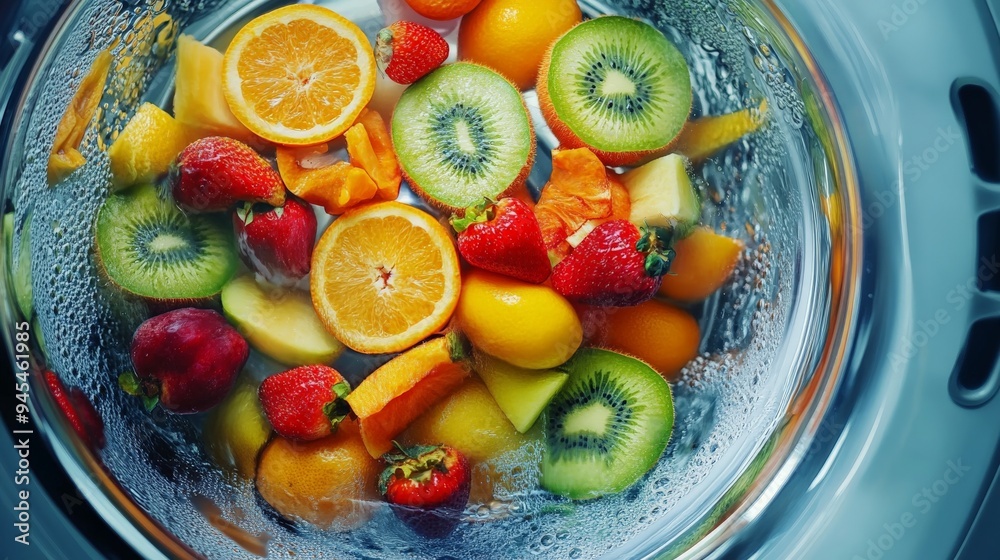 Slices and whole fruits including oranges, kiwis, strawberries, and ...