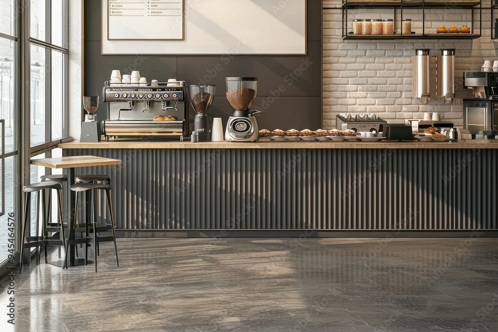 Empty Coffee Shop Interior With Coffee Maker, Pastries And Blank Poster ...