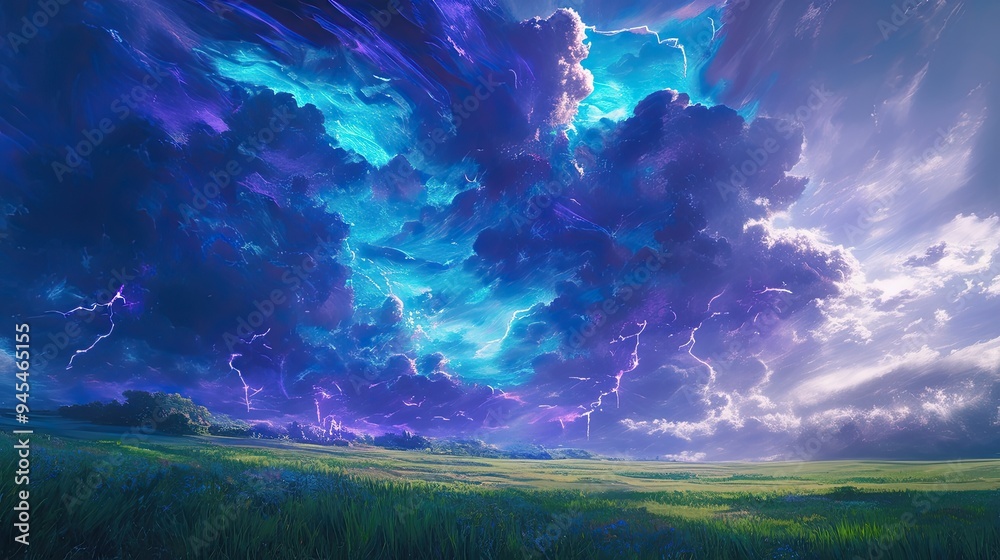 Lush animated landscape under a dramatic stormy sky with intense ...