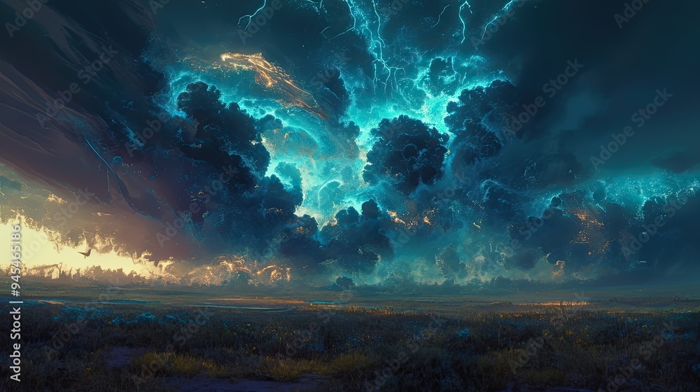 Lush animated landscape under a dramatic stormy sky with intense ...