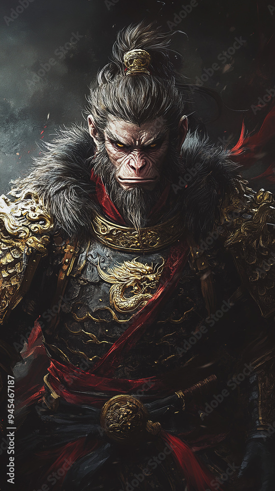 Sun Wukong, the Monkey King, wearing golden armor and sporting spiky ...