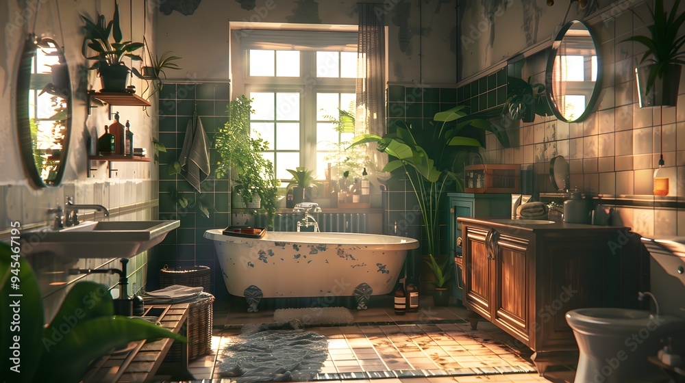 Illustration of A stylish bathroom in cluttercore style, with trendy ...