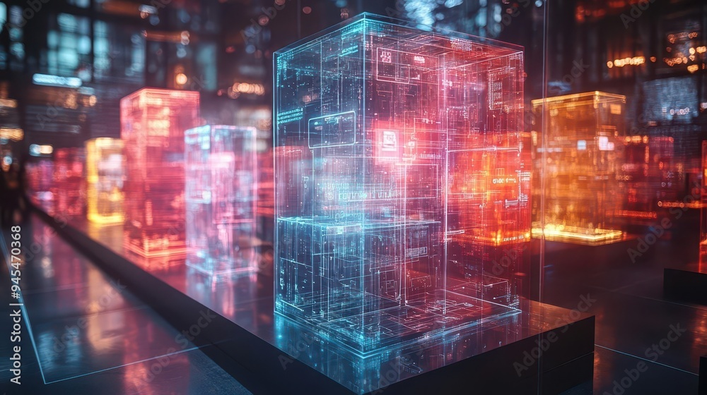 holographic product boxes materializing in midair showcasing futuristic ...