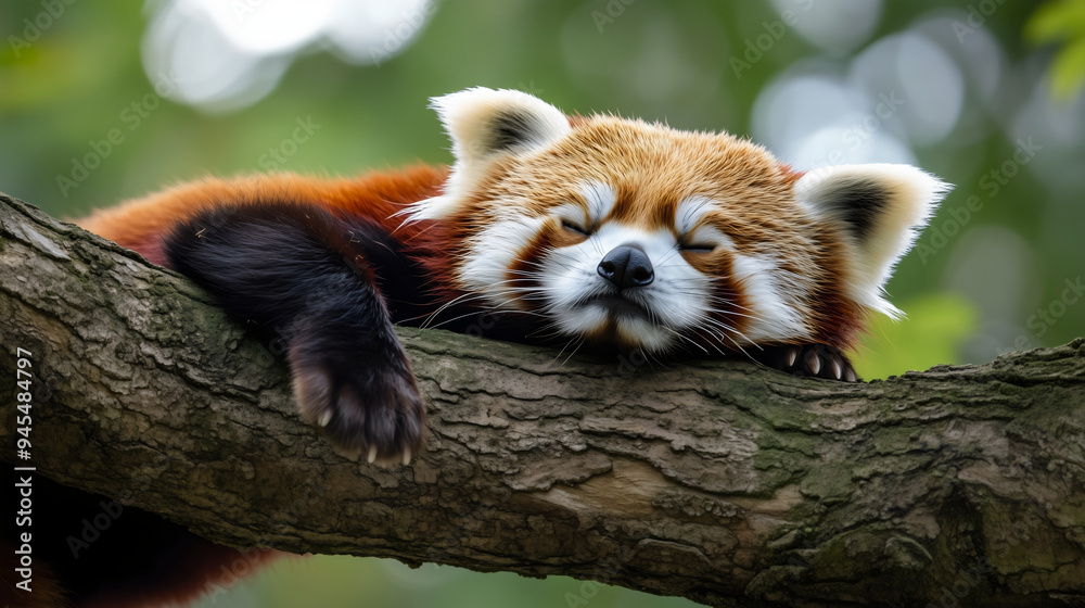 Cute, lazy red panda (Ailurus fulgens) with brown and white fur ...