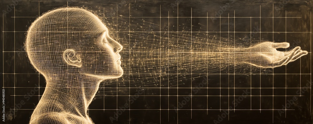 Monochrome scene of a human encompassed by a gridpattern ...