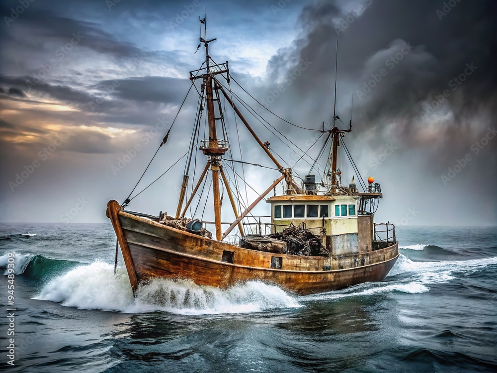 Rugged commercial fishing trawler vessel navigates through rough grey ...