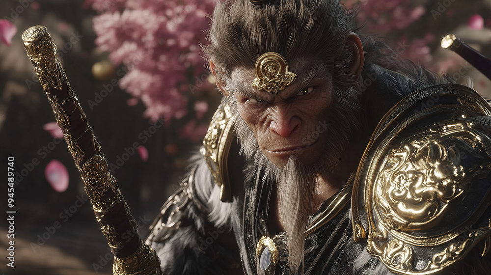 Sun Wukong, the Monkey King, wearing golden armor and sporting spiky ...