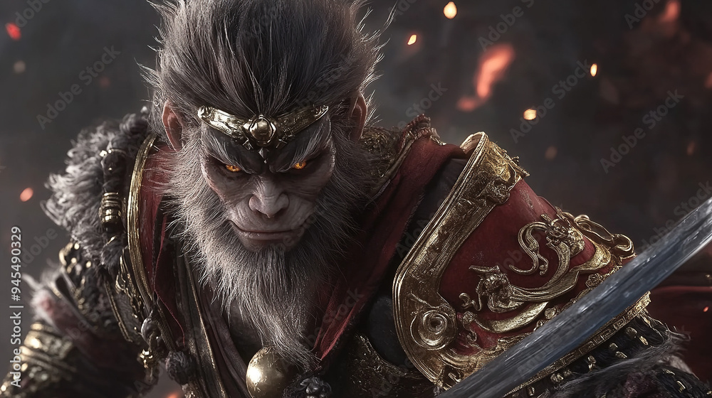 Sun Wukong, the Monkey King, wearing golden armor and sporting spiky ...