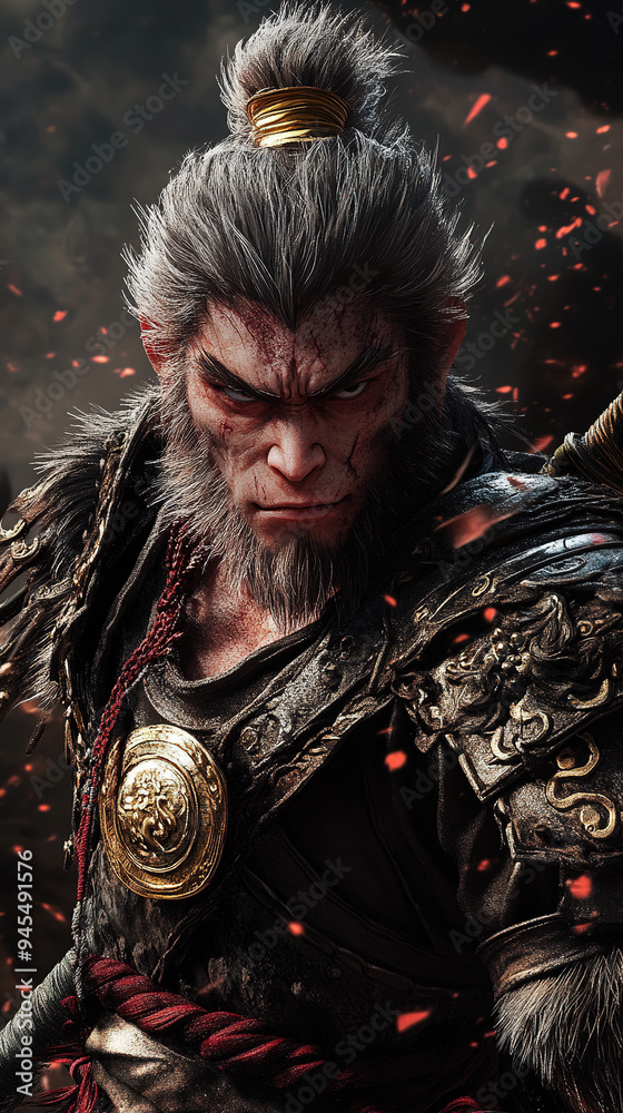 Sun Wukong, the Monkey King, wearing golden armor and sporting spiky ...
