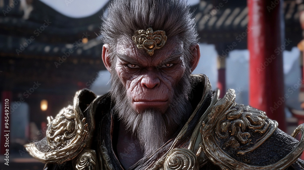 Sun Wukong, the Monkey King, wearing golden armor and sporting spiky ...