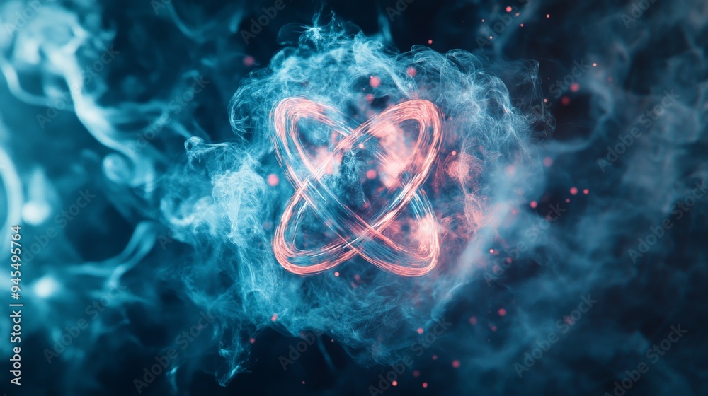 A conceptual model of an atom with a glowing core, surrounded by ...