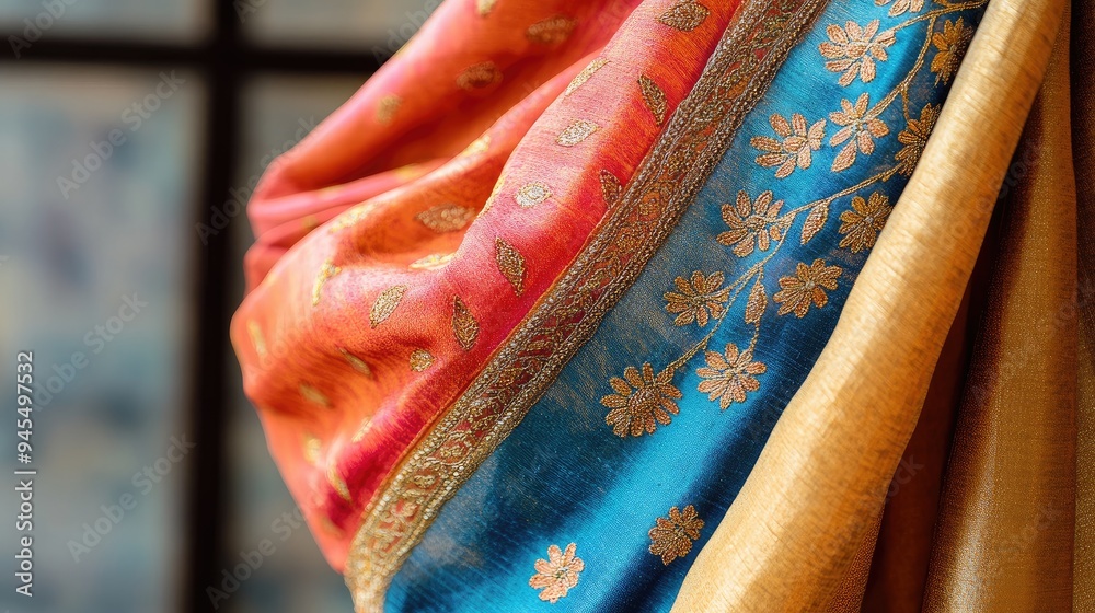 Brightly colored Indian dupatta with detailed embroidery, draped ...