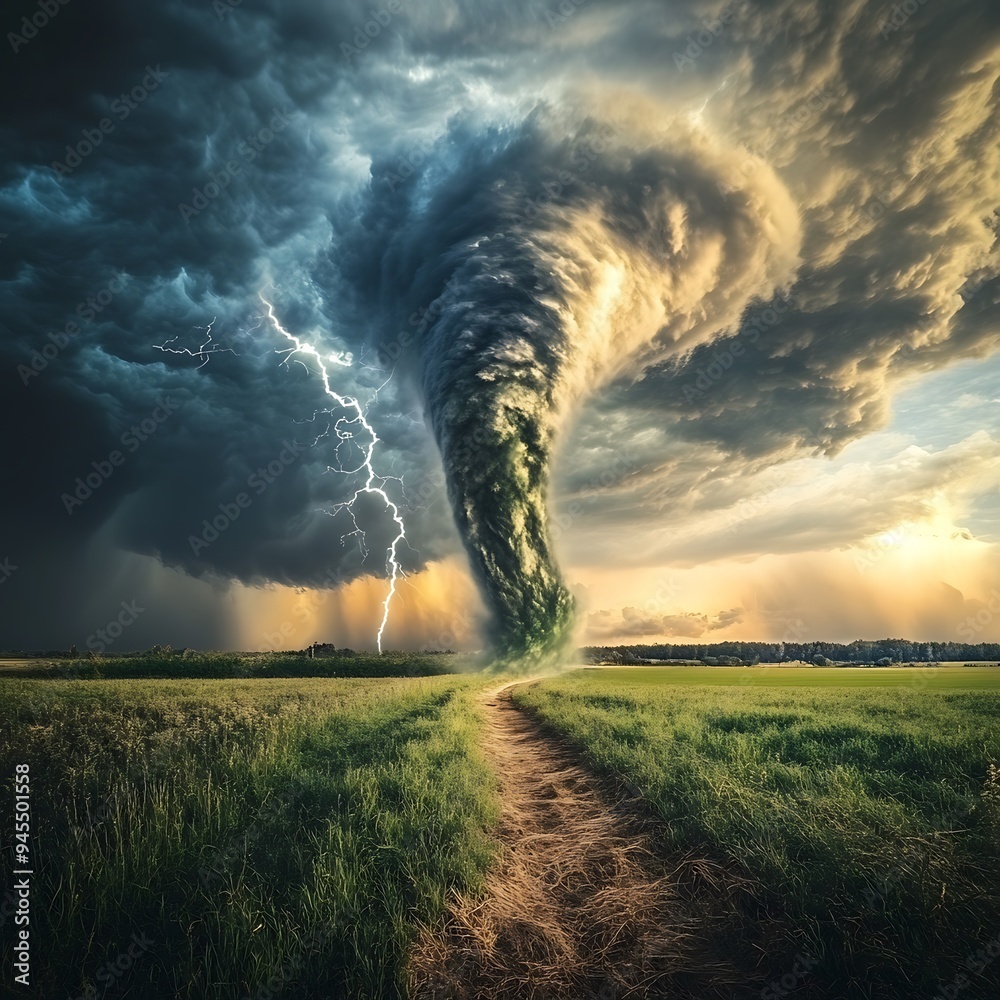 A massive tornado creates chaos as it engulfs an open field, leaving ...