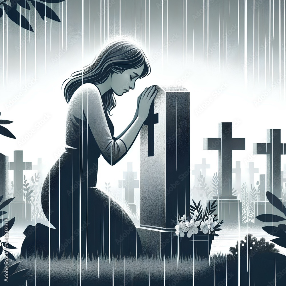 Sad woman grieving in cemetery in rainy day. Woman standing at ...