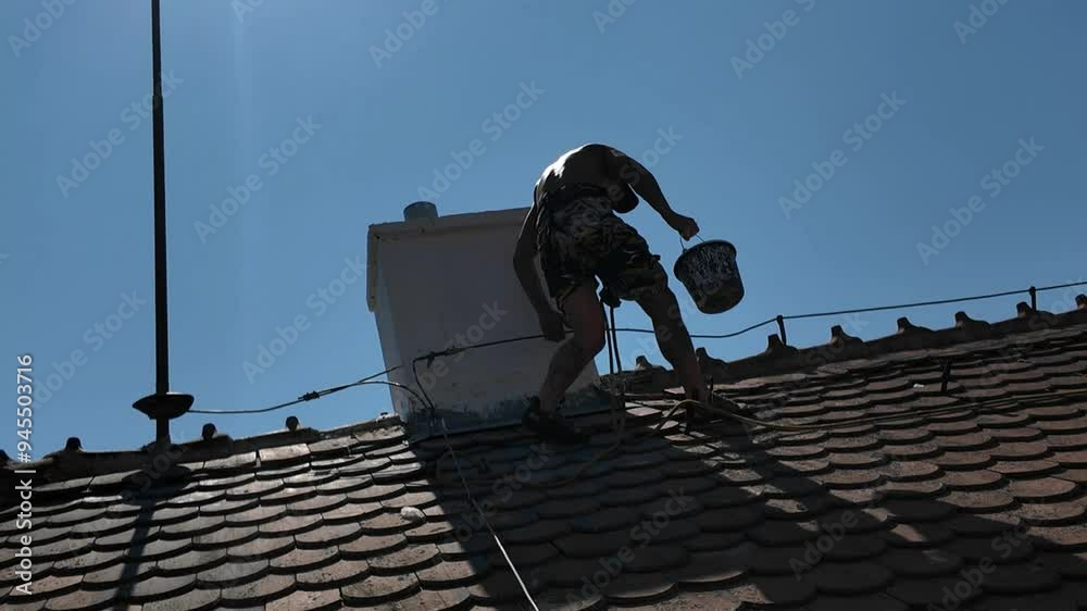 Wideo Stock: A labourer climbs on the roof and repairs the chimney. A ...