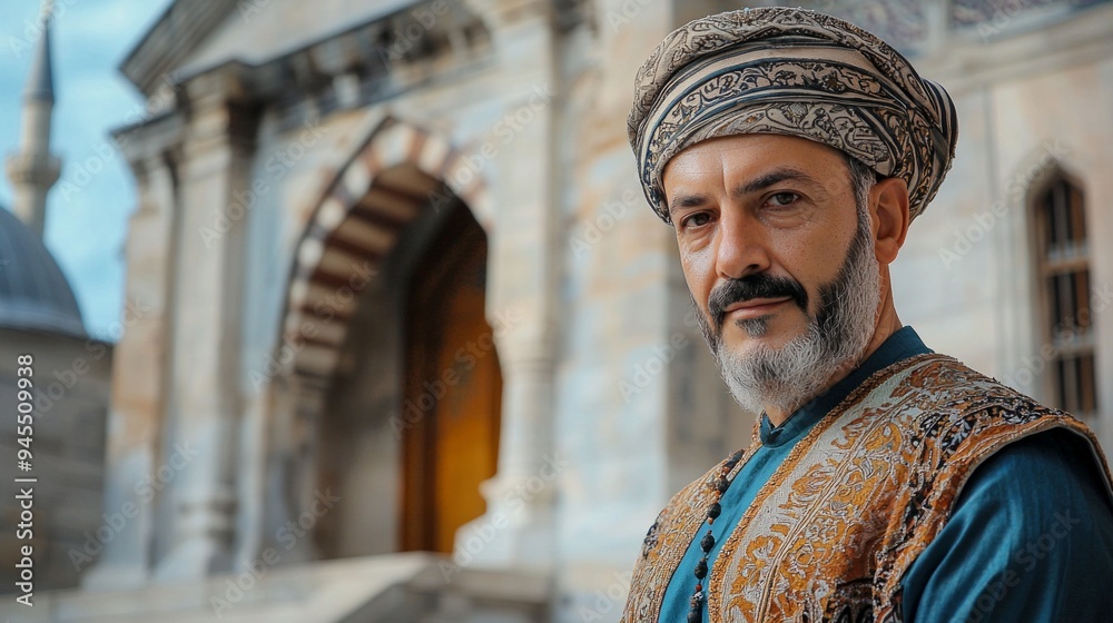 portrait of Turkish man in traditional attire, standing in front of a ...