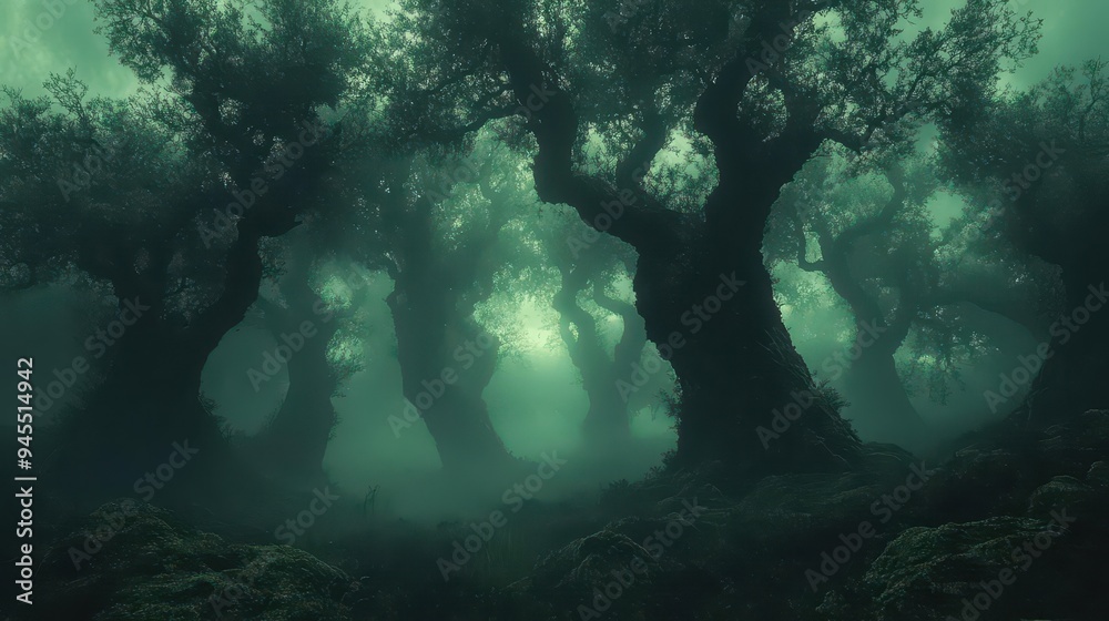 mystical forest scene with towering ancient trees shrouded in dense fog ...