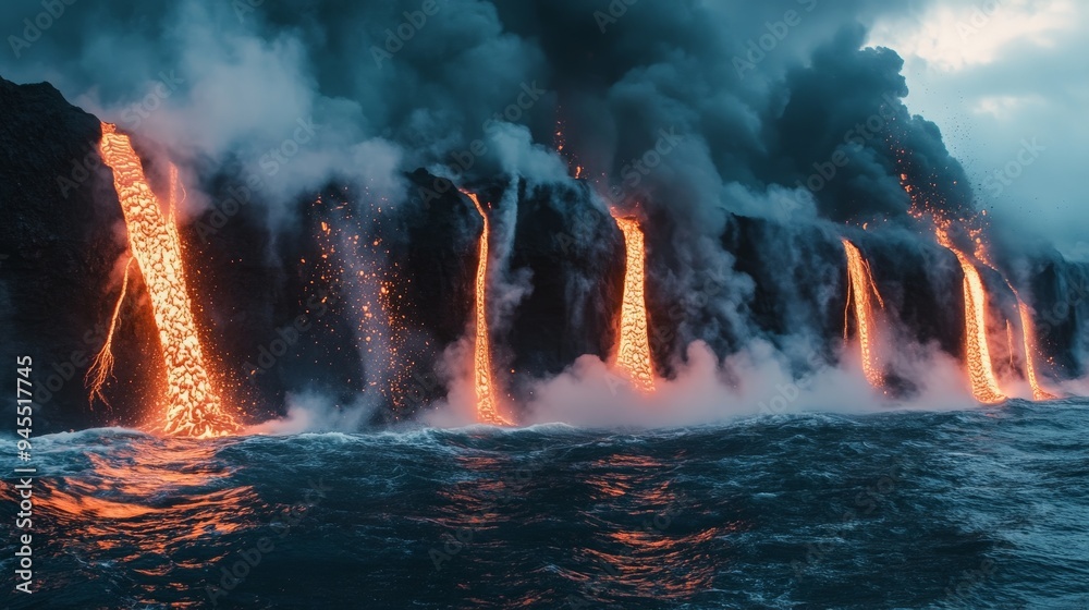 Steaming lava waterfalls plunge into the churning ocean, lighting up ...