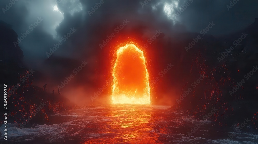 ominous gateway to the underworld carved into volcanic rock face rivers ...