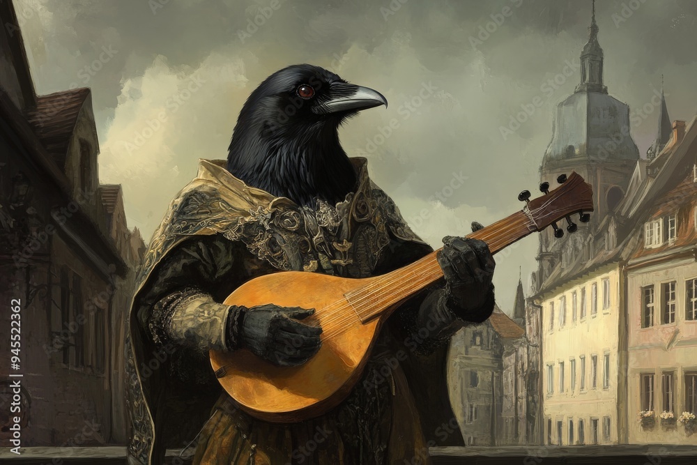 A raven, donning ornate, medieval-style attire, strums a lute against ...