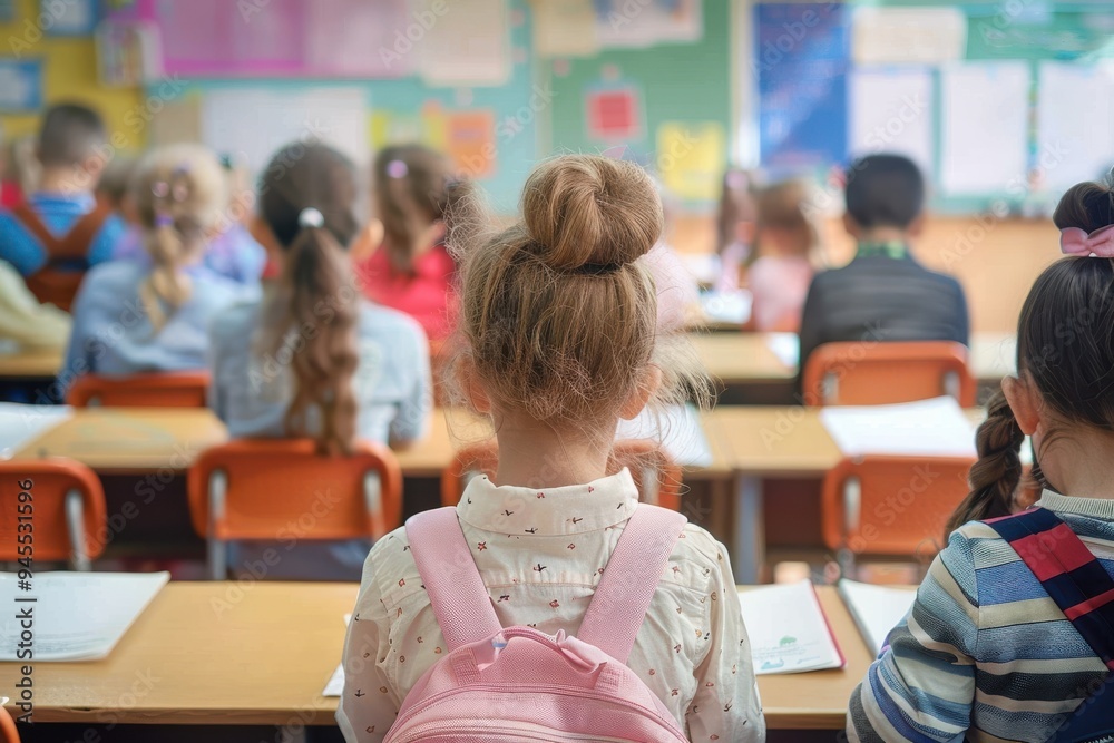 Rear view of elementary students attending a class in the classroom ...