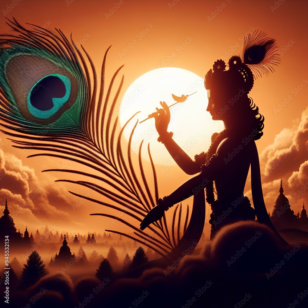 Silhouette of Hindu god Lord Krishna with peacock feather on sunset ...