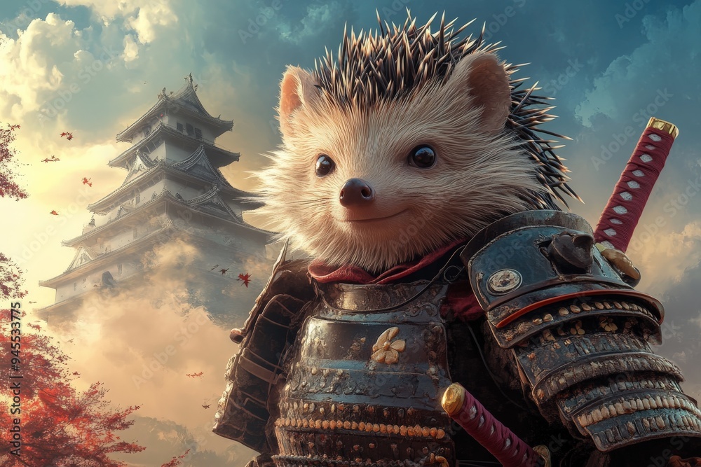 A cute hedgehog donning detailed samurai armor, standing confidently ...