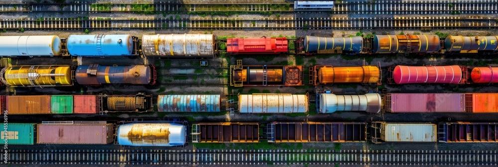 Freight rail wagons and cargo trains transporting goods on railway ...